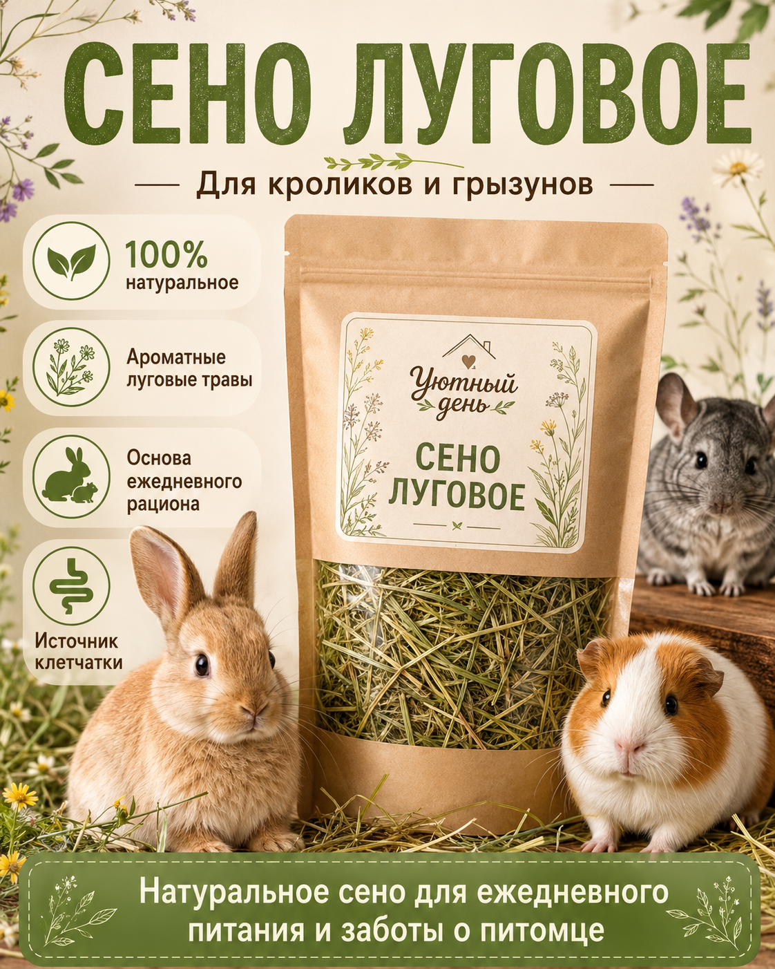 Сено луговое для грызунов, натуральное сено для кроликов, морских свинок, шиншилл и дегу