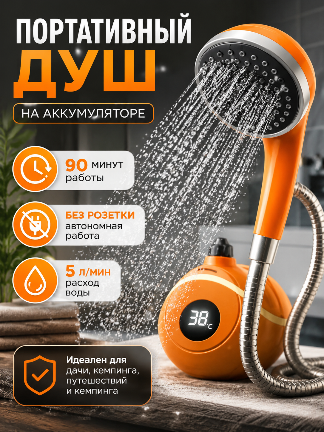 Портативный душ походный для дачи аккумуляторный, стильный, оранжевый