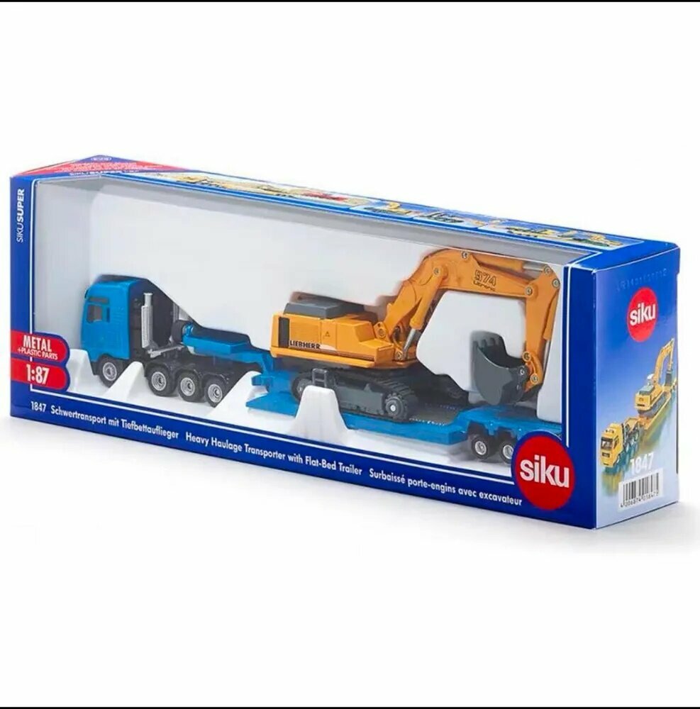Игрушечный набор SIKU №1847 (тягач + платформенный прицеп + экскаватор Liebherr) масштабная модель из сплава