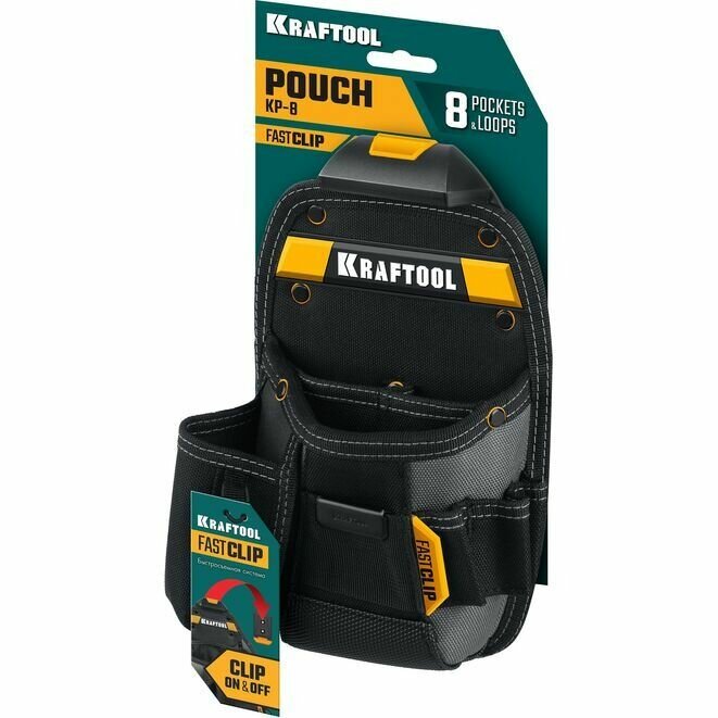 Поясная сумка, KRAFTOOL KP-8 с быстросъёмным креплением FastClip, 8 карманов и петель, 170х260 мм
