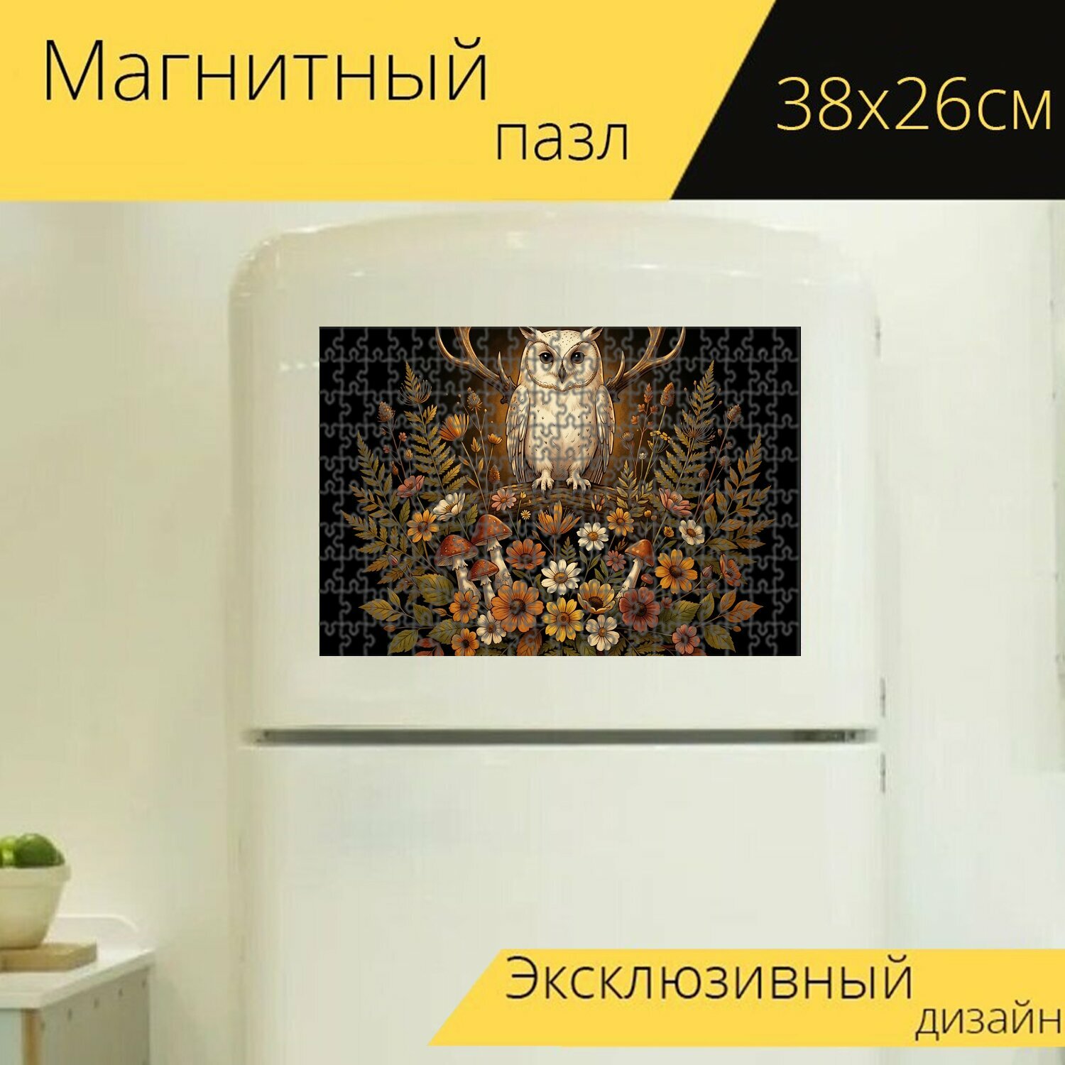 Магнитный пазл "Сова с оленьими рогами и цветами. Мистическая сова в центре композиции, обрамлённая ветвистыми рогами, лесными травами, цветами и грибами." для интерьера, 38х26 см.