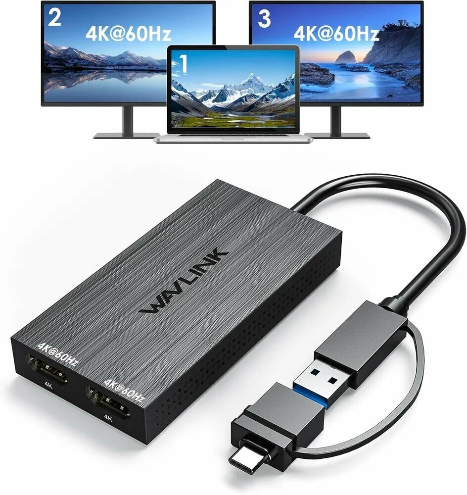 WAVLINK USB 3.0 или USB-C разветвитель для двух HDMI 4K@60Hz, расширяемый для подключения двух мониторов, адаптер DisplayLink, два выхода HDMI 4K 60Hz.