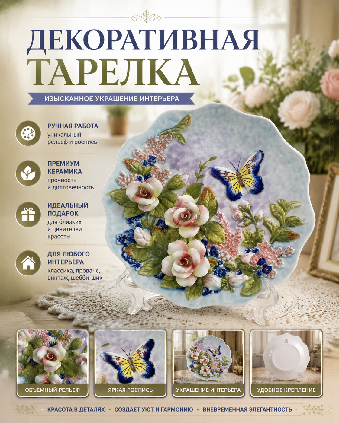 Тарелка декоративная Love home, Цветочный узор 20.3cm, изысканный