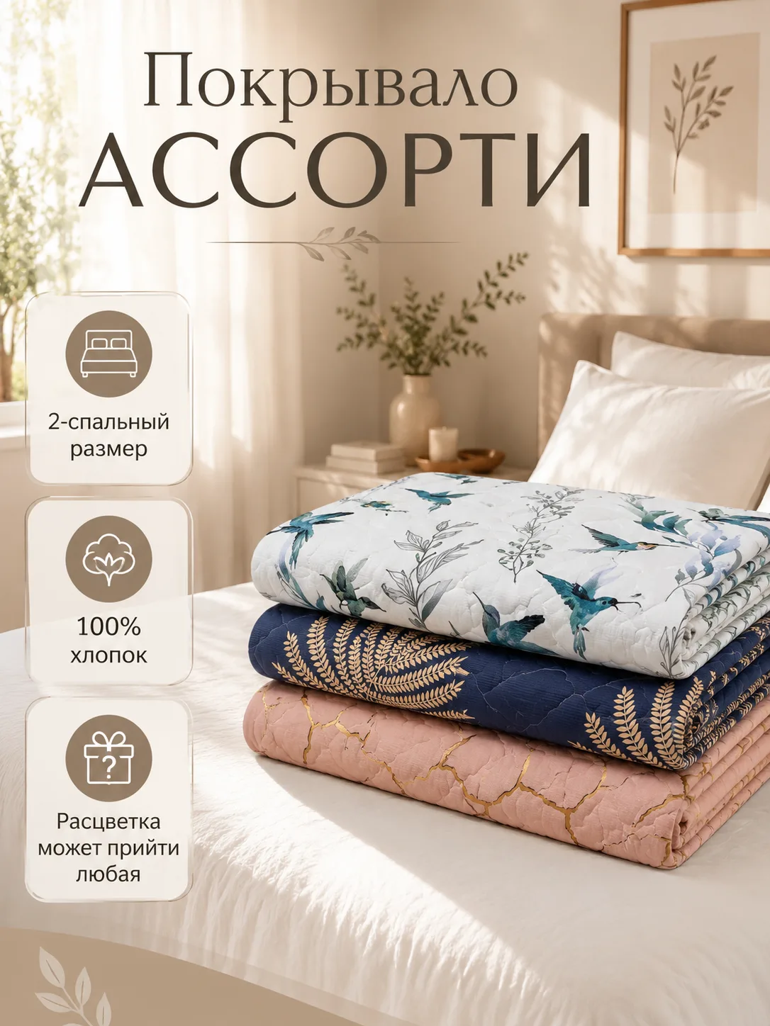 Покрывало двухстороннее 2 спальное, Ассорти, 100% хлопок, от бренда YAFETEX