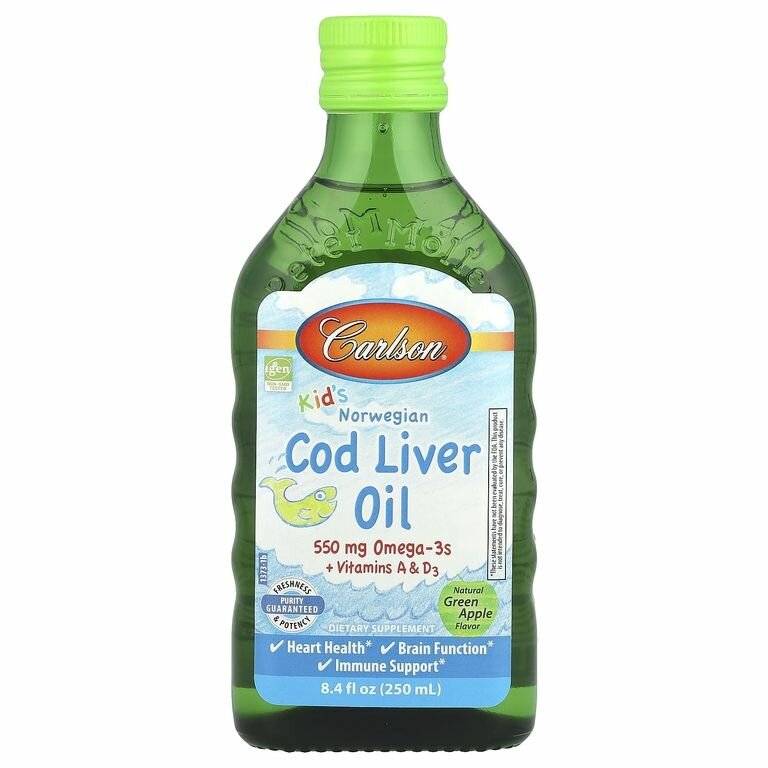Carlson, Cod liver oil Kids, Natural Green Apple, жир из печени норвежской трески для детей, вкус натурального зелёного яблока, 250 мл