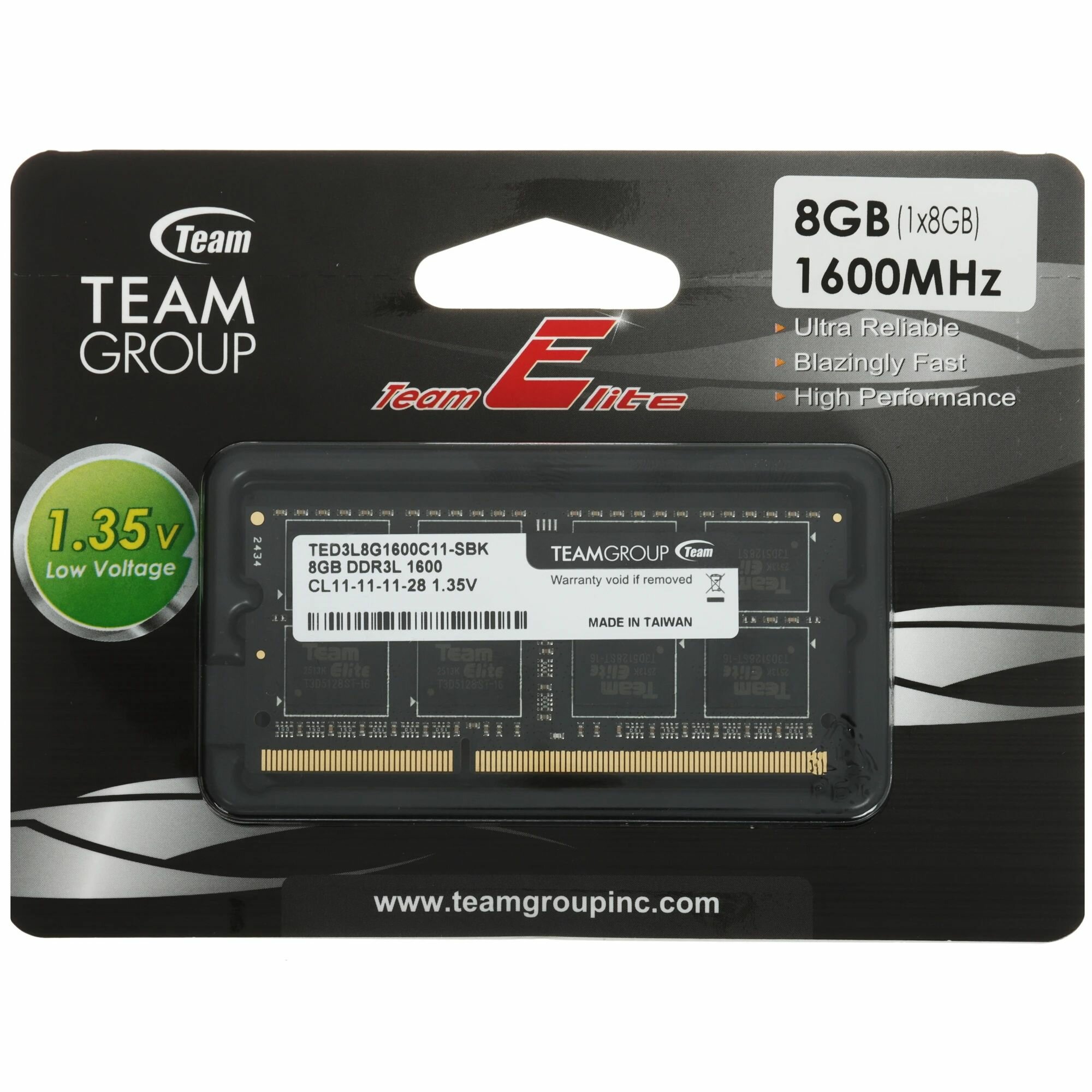 Оперативная память SODIMM Team Group ELITE (TED3L8G1600C11-S01) 8 Гб - DDR3L, 8 ГБ х 1 шт, 1600 МГц, PC12800