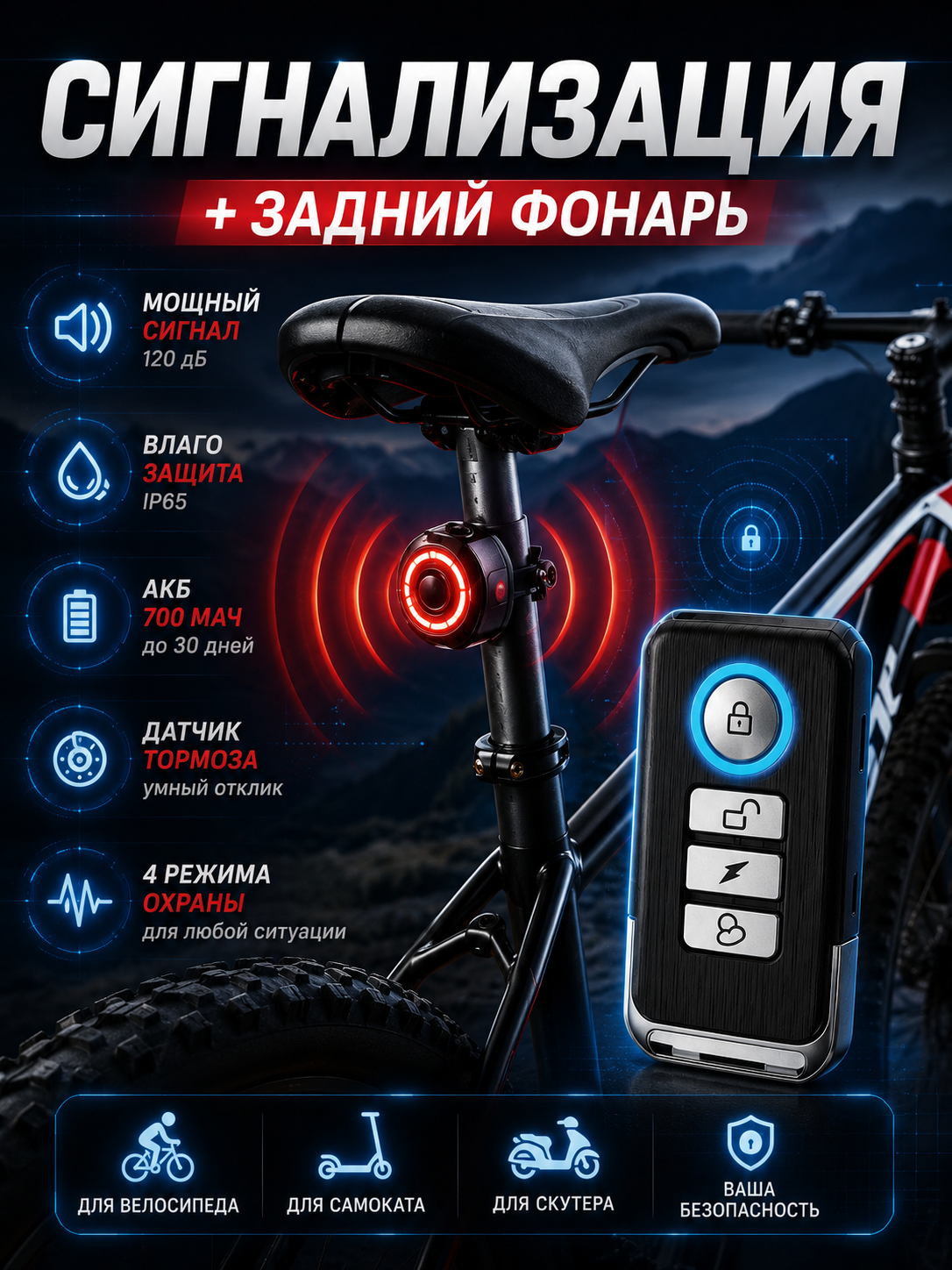 Велосипедная сигнализация с пультом, 110 дБ, водонепроницаемая IP65, с задним фонарем