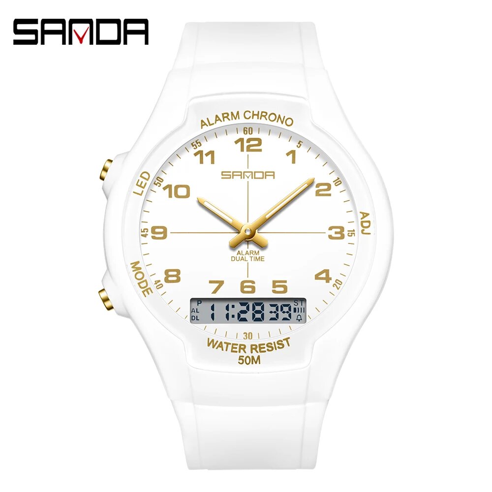 Мужские кварцевые спортивные часы SANDA6320 с двойным дисплеем Бежевый, White-Gold