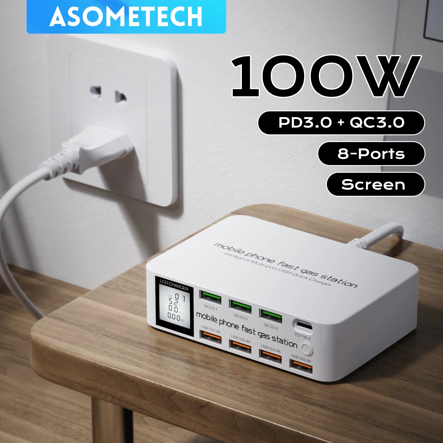 Многопортовое Зарядное Устройство ASOMETECH USB Type-C PD С LED-дисплеем, Настольная AU Plug