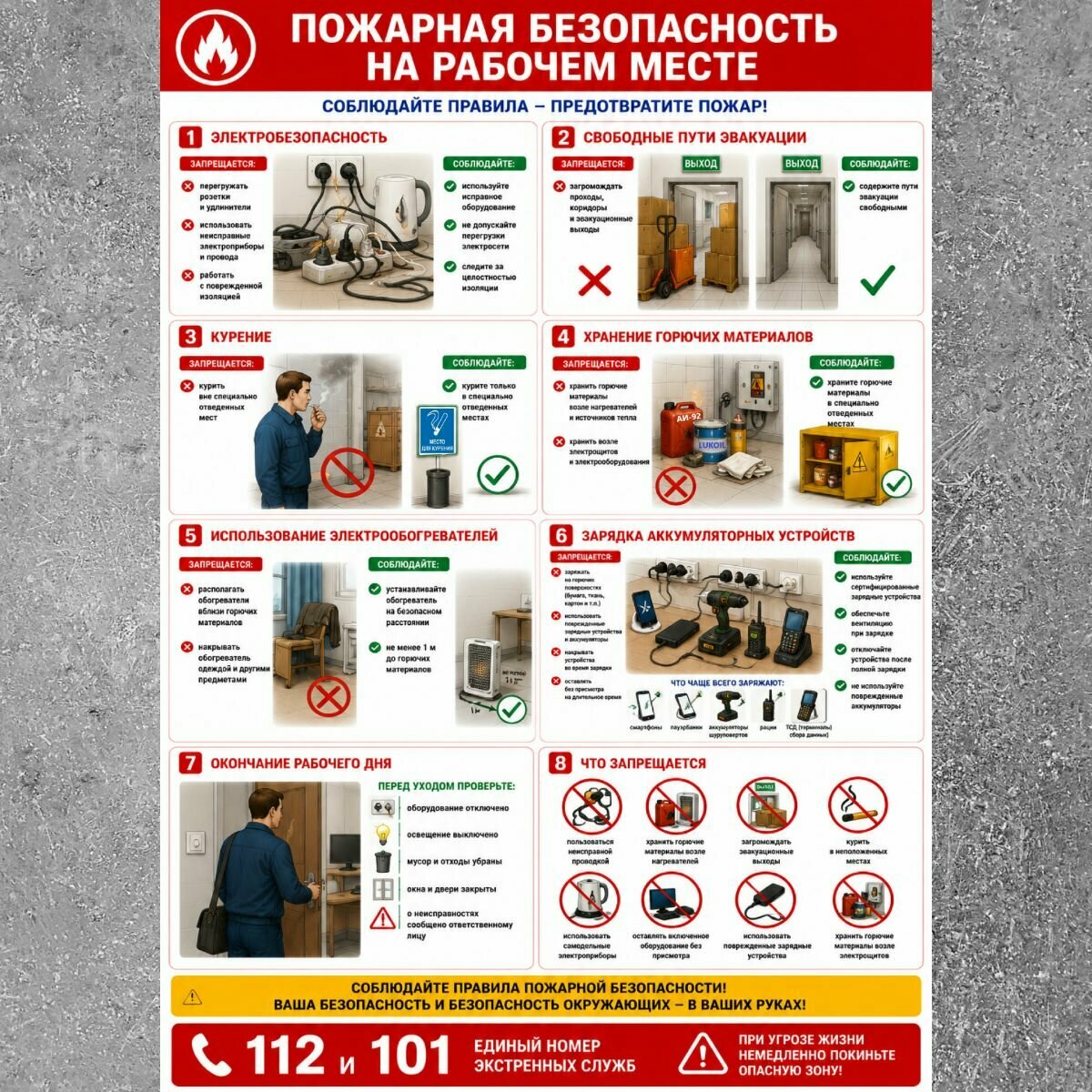 Пожарная безопасность на рабочем месте плакат А3 для офиса, склада и производства