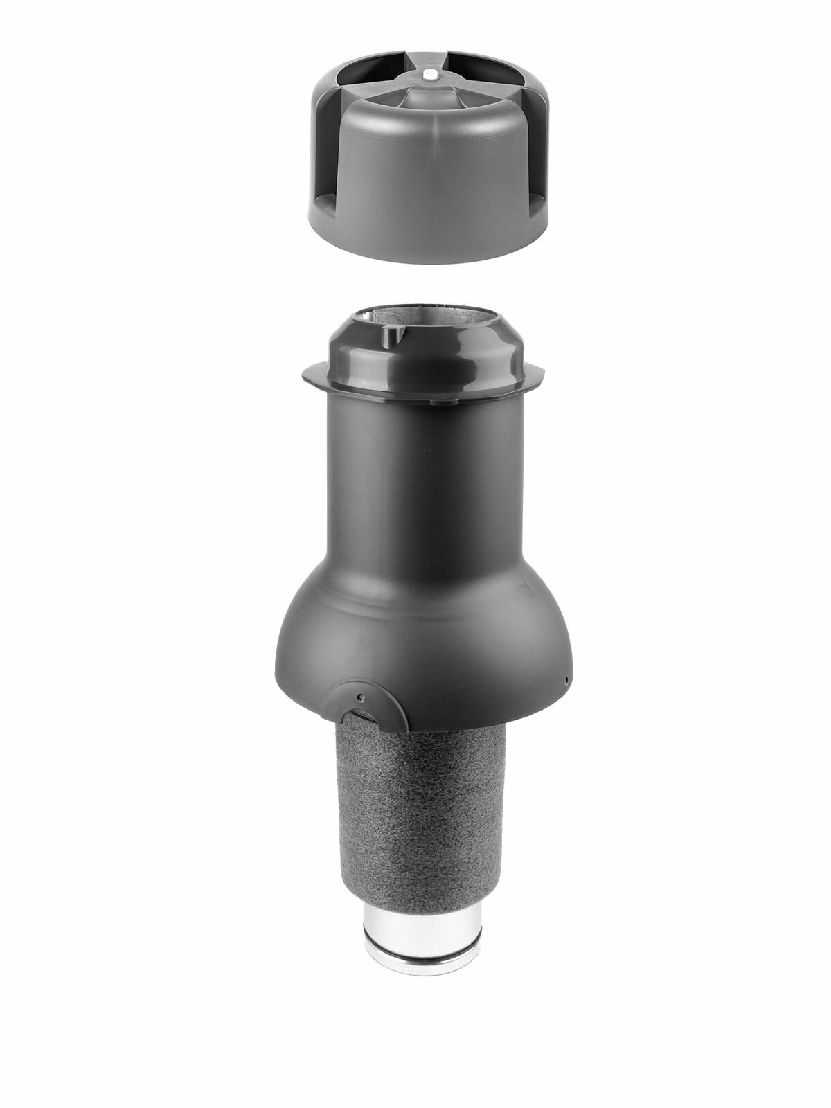 Коньковый выход вентиляции 125 мм, Krovent Pipe-cone, комплект с колпаком серый (Ral 7024) для всех видов кровли