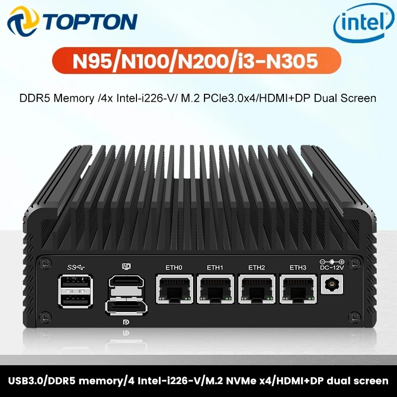 Топтон Мини-ПК Intel Core i3 N305/N100 DDR5 2xNVMe 4x i226-V 2.5G Intel N100, 16GB DDR5 512GB NVMe
