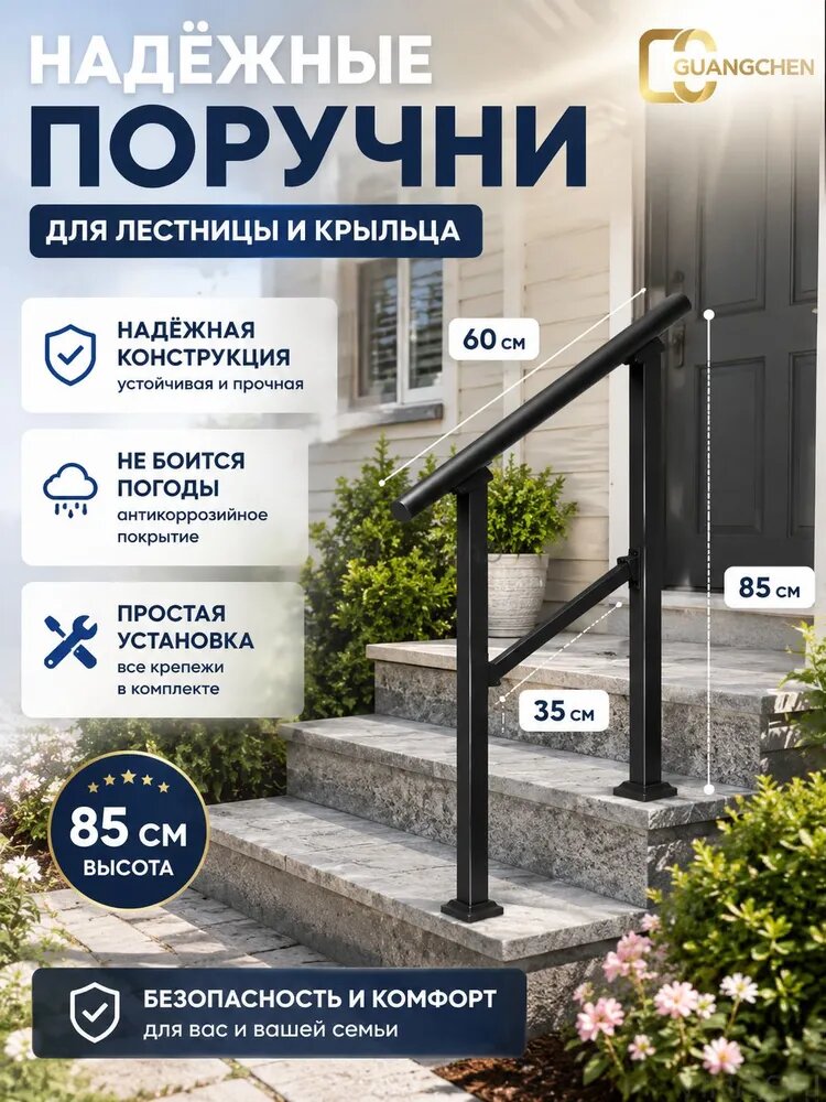 Лестничные перила, 1-2 ступеньки, ограждение из черного кованого железа