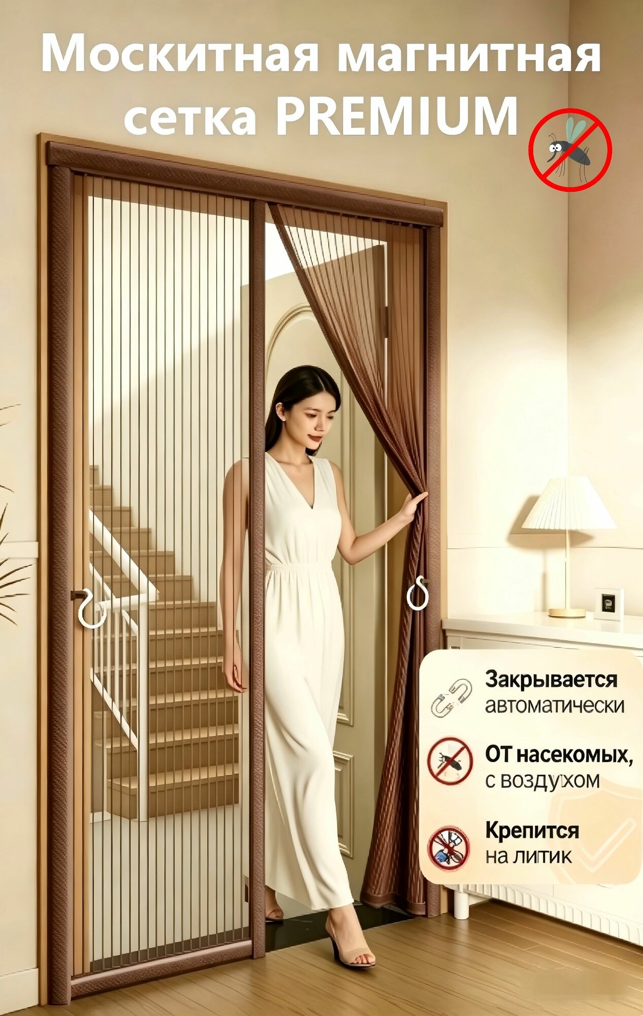 Усиленная антимоскитная штора на магнитах без сверления, автоматически закрывающаяся