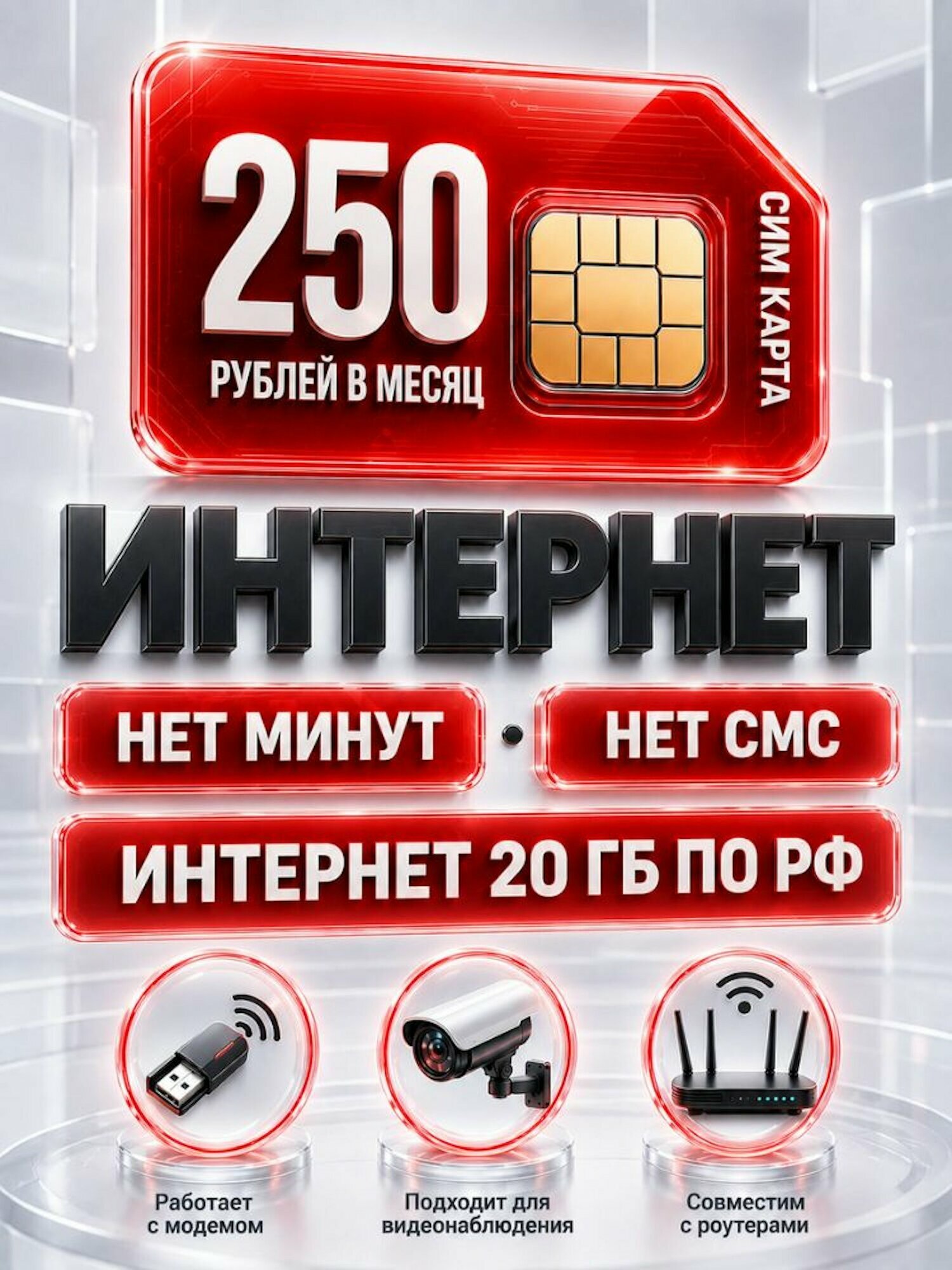 Сим карта Безлимитный интернет - тариф 250 рублей в месяц 20 ГБ по РФ для мобильных модемов и роутеров 4G LTE YMSV2
