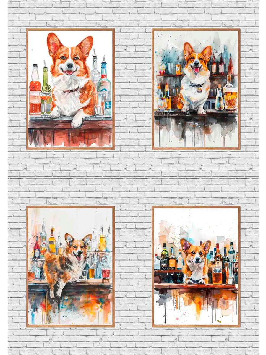 Бармен-собака породы Вельш-корги Пемброк, 4 Плаката, 30x21с