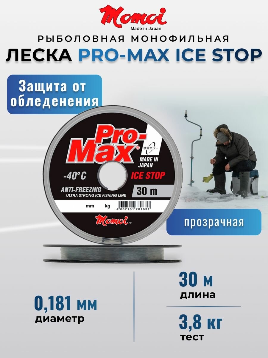 Зимняя леска для рыбалки Momoi Pro-Max Ice Stop 0,181 мм, 3,8 кг, 30 м, на спиннинг мормышинг, прозрачная 1 шт
