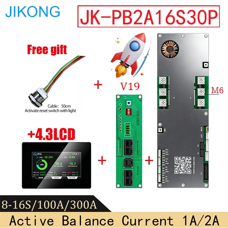 Smart BMS JK-PB2A16S30P-20P JIKONG для литий-ионных аккумуляторов 24В/36В/48В JK-PB2A16S30P-4.3LCD