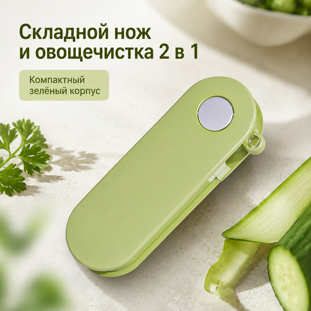 Складной кухонный нож и овощечистка 2 в 1 для фруктов, 9,1 см, зелёный