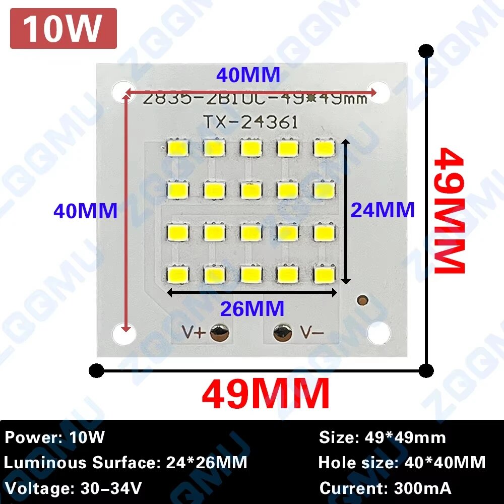 Светодиодный чип SMD3030 ZQQMU теплый белый свет 10W(30-34V), White Light, No Wires