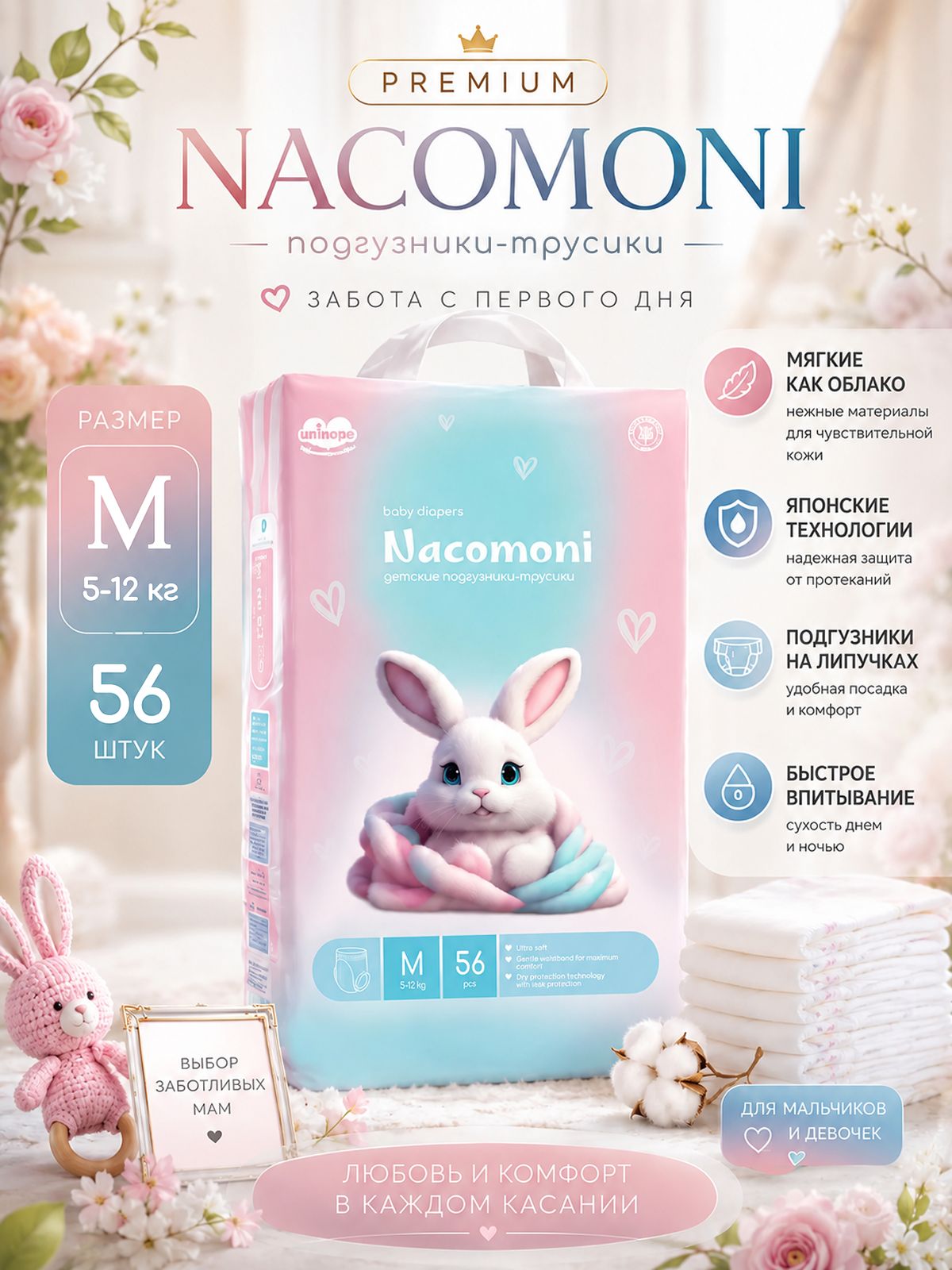 Подгузники трусики Накомони, M, 5-12кг, 56шт