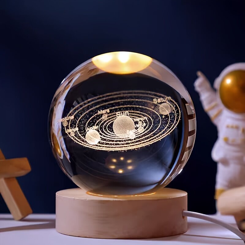 Стеклянный шар-ночник 3D «Солнечная система» со светодиодной базой, меняющей цвет, и питанием от USB, настольный декоративный элемент на деревянной подставке