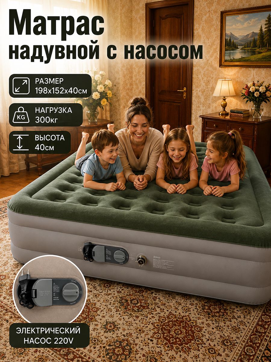 Матрас надувной, Матрас надувной двуспальный 198х152x40, Макс. Вес-300 кг, ПВХ И Фло, CQC002