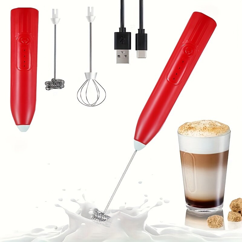 Ручной электрический вспениватель молока 2 в 1 с USB, 3 скоростями и 2 венчиками из нержавеющей стали, красный