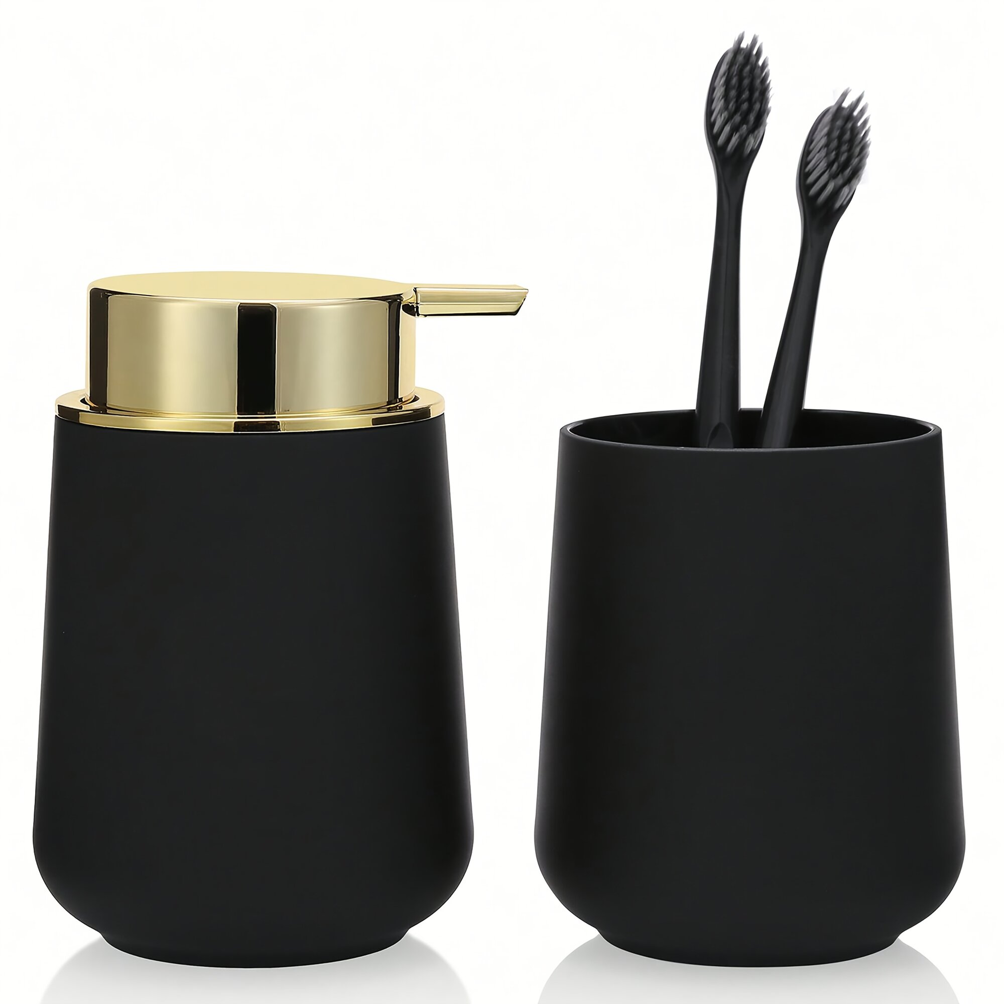 Набор аксессуаров для ванной комнаты: дозатор мыла и держатель для зубных щеток, пластик, матовый черный с золотым, комплект 2 шт.