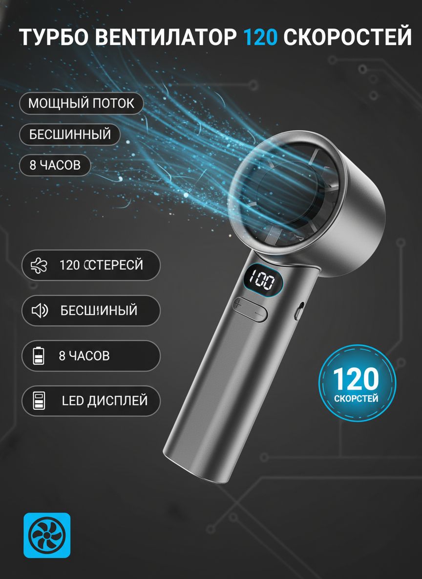 1 шт. Ручной турбовентилятор M11 / с бесступенчатой регулировкой 120 скоростей и LED дисплеем, 19.5х6 см, USB зарядка