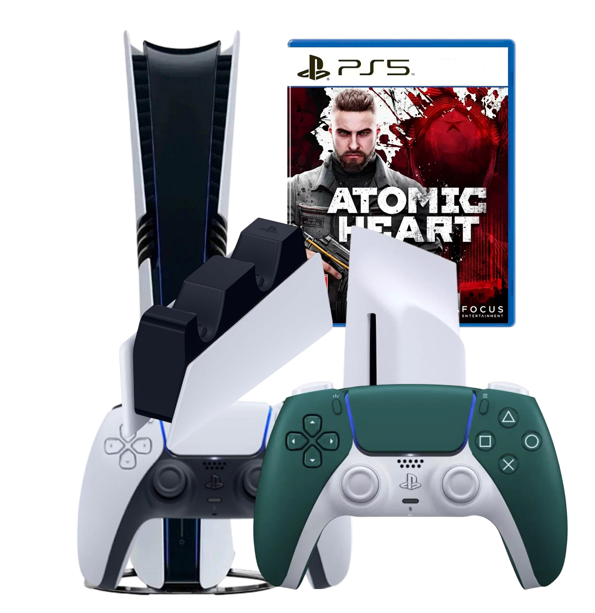 Игровая приставка PS5 Pro + 2й геймпад альпийский зеленый + игра Atomic Heart + станция зарядки + дисковод