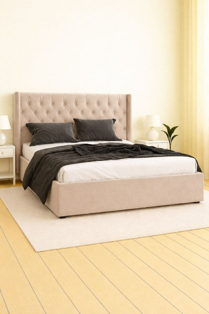 Кровать двуспальная 160Х200 см Bosa с подъемным механизмом с ортопедическим основанием, с мягким изголовьем, Бежевый