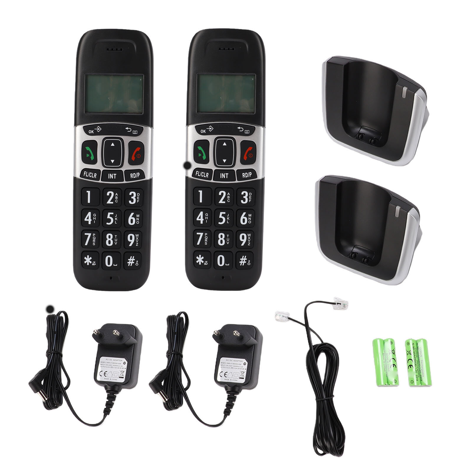 Беспроводной домашний телефон DECT6.0 с полнодуплексной связью, громкой связью, трехсторонней связью, двумя трубками и вилкой европейского стандарта.