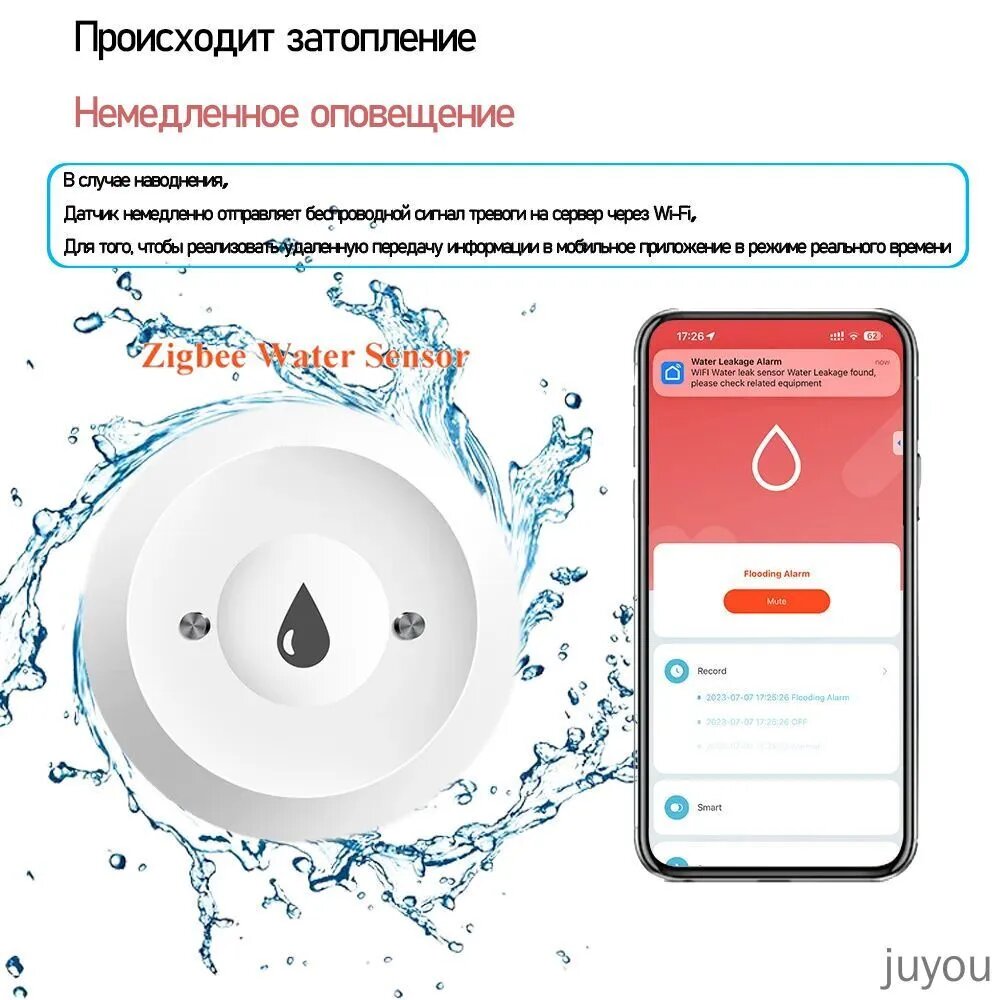 Датчик утечки воды TZ-SJ-SD Zigbee для умного дома, 4 шт, белый, для управления бытовыми приборами, батарейки — фото 1