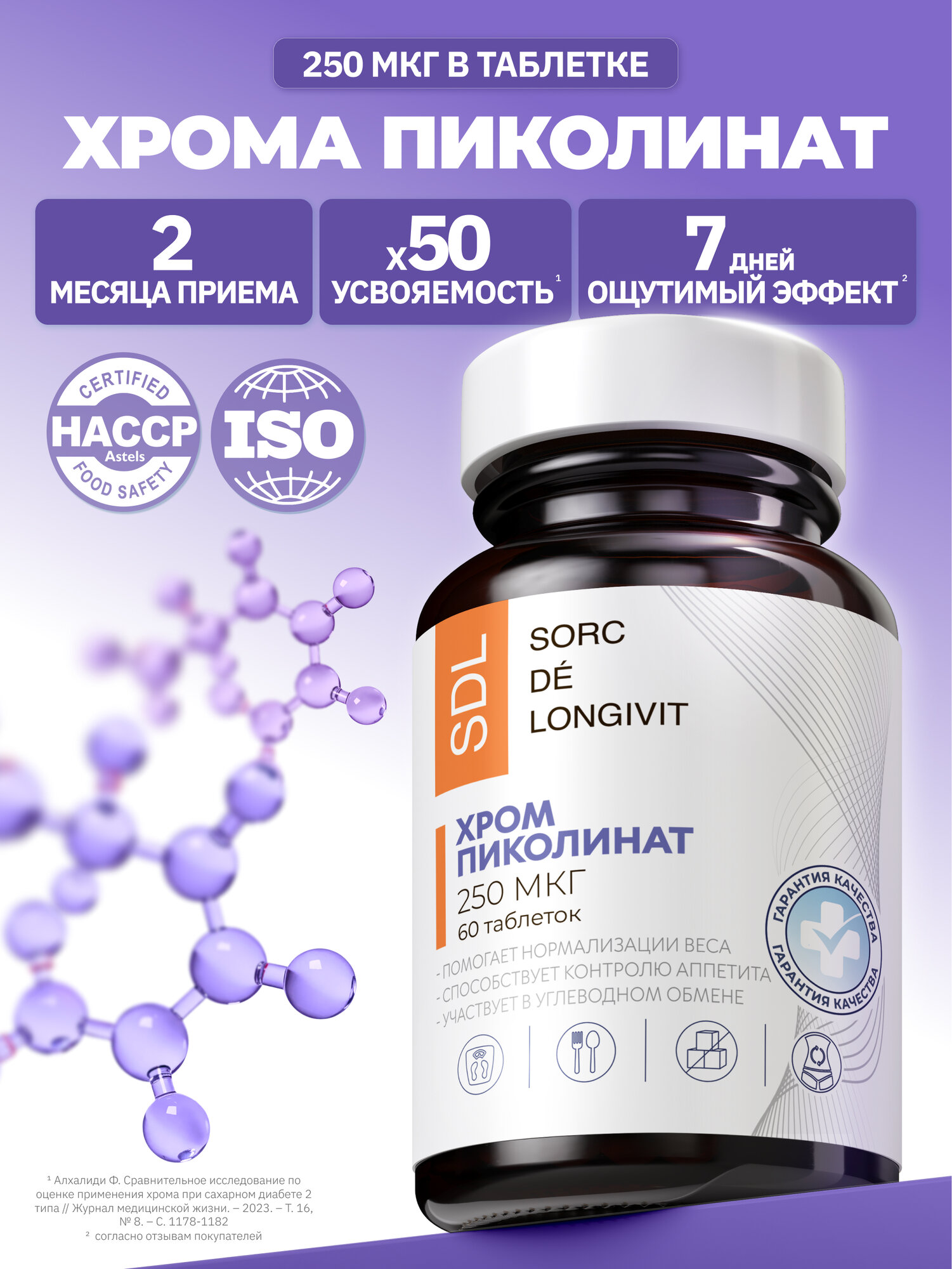 Пиколинат хрома SDL для похудения, жиросжигатель для мужчин и женщин, 250 мг , 60 таблеток