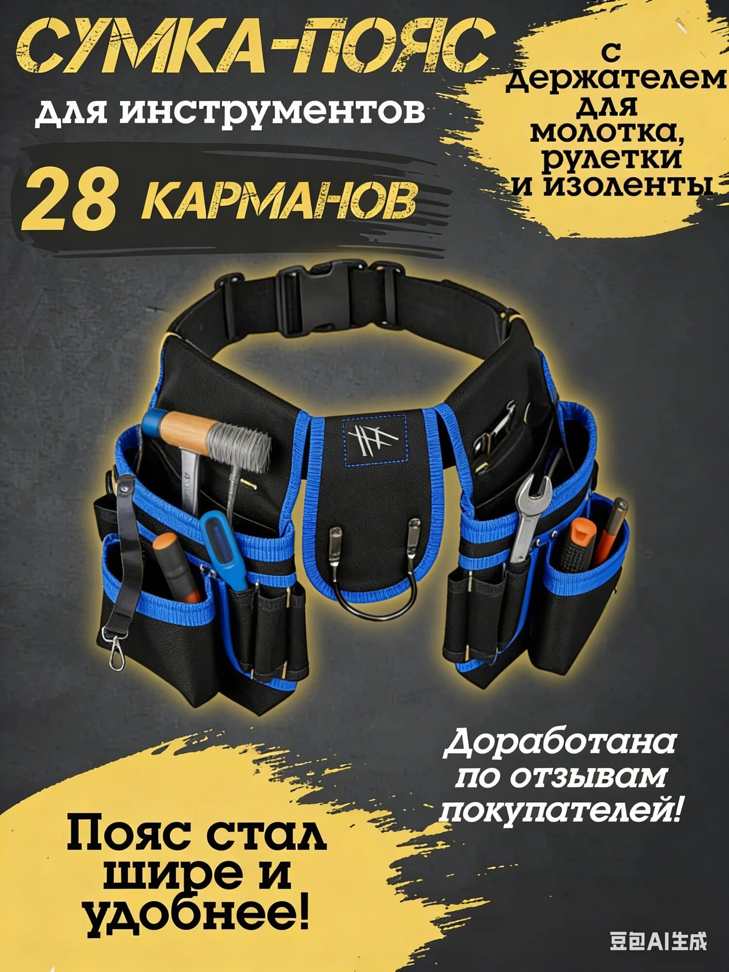 Сумка-пояс для инструментов универсальная строительная 28 карманов с держателем для молотка и рулетки, синий