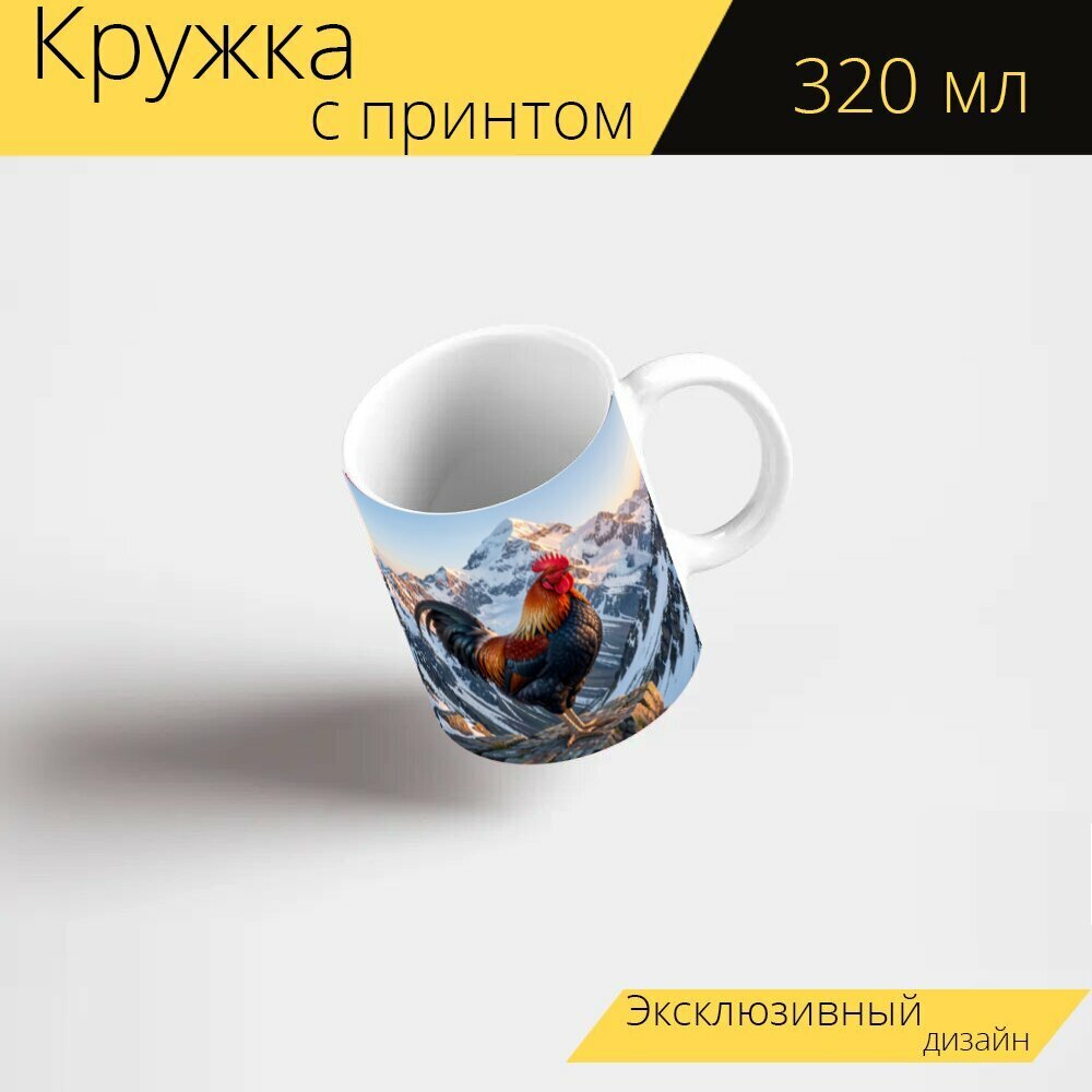 Кружка с рисунком, принтом "Петух на фоне снежных гор. Яркий петух на каменном выступе перед заснеженными вершинами, реалистичная 3D-иллюстрация, контраст тёплых и холодных." 320 мл.