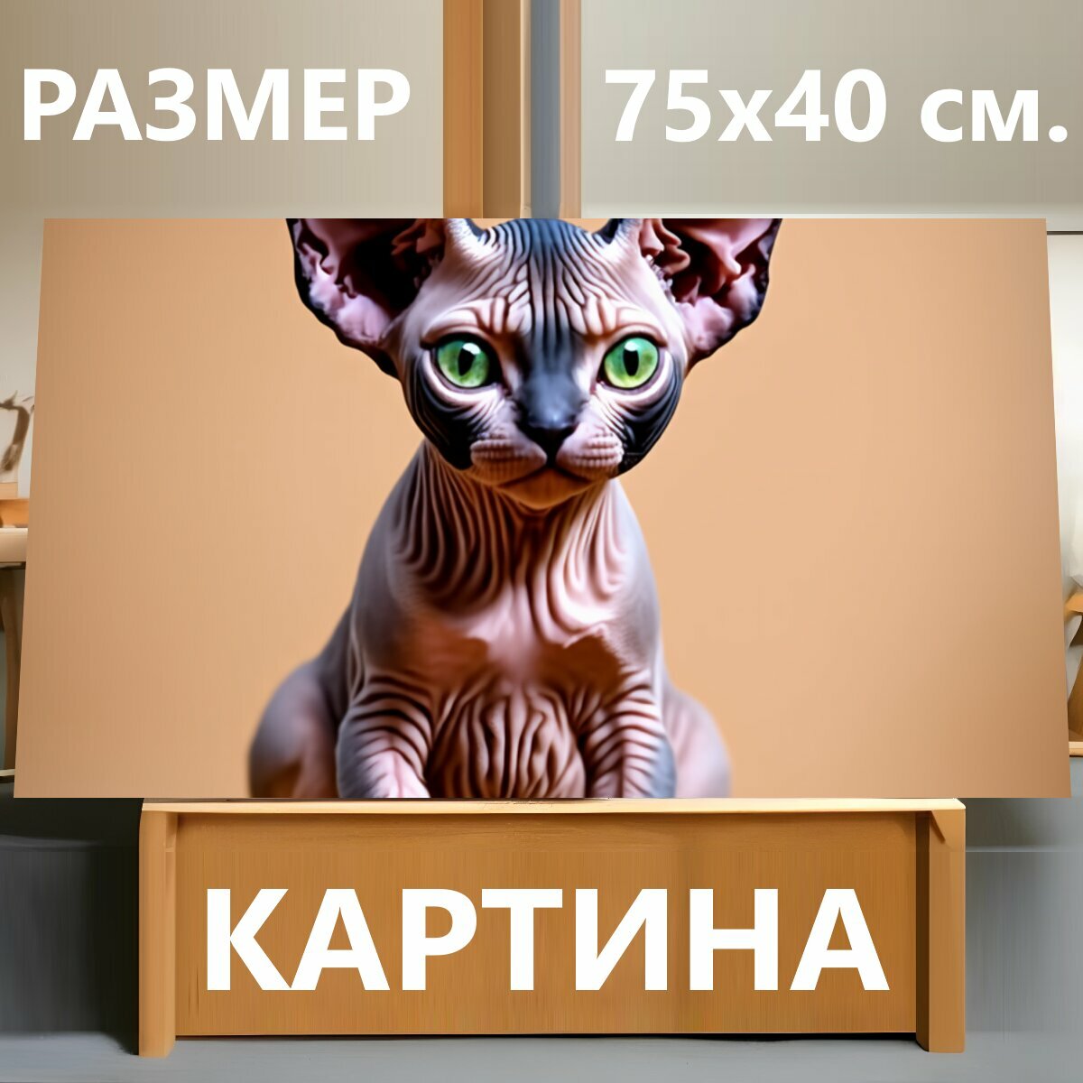 Картина на холсте "Котёнок сфинкс с серо-чёрными морщинами на теле, большими ушами и зелёными глазами, сидящий на деревянной поверхности на." на подрамнике 75х40 см. для интерьера