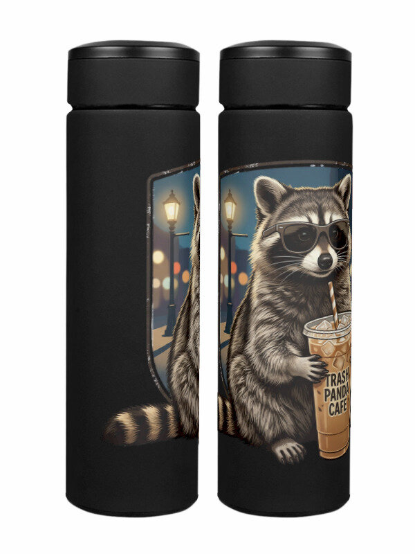Термос «Енот из Trash Panda Cafe кофейный хипстер» (черный)
