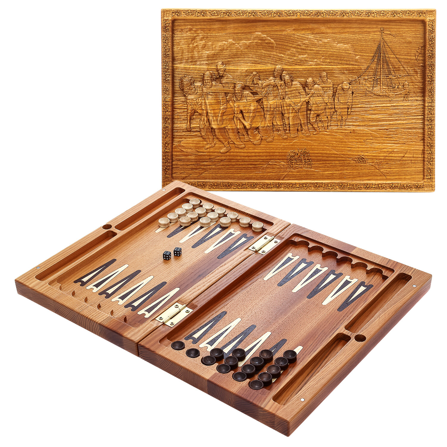 0053573 Нарды+Шашки "бурлаки на волге" дорожные из массива мореного ясеня 36*46 см 58-24