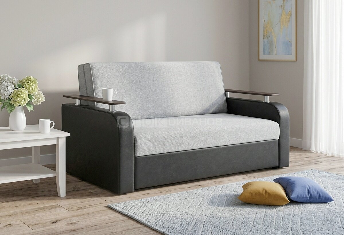 Диван Сток Диванов Техас, серая рогожка, 125 см, механизм аккордеон, с ящиком для хранения