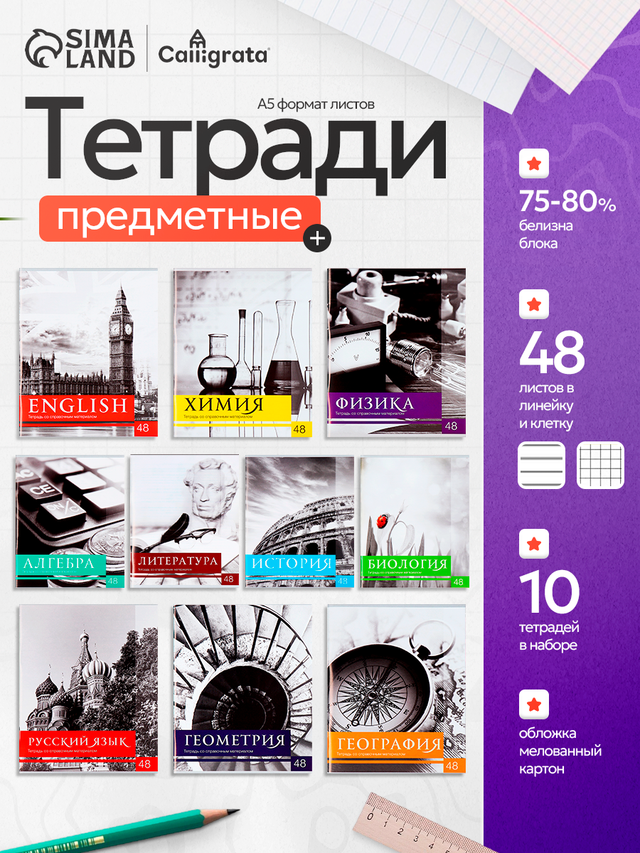 Набор предметных тетрадей 48 листов, Calligrata "Чёрное-белое", 10 предметов, серые листы