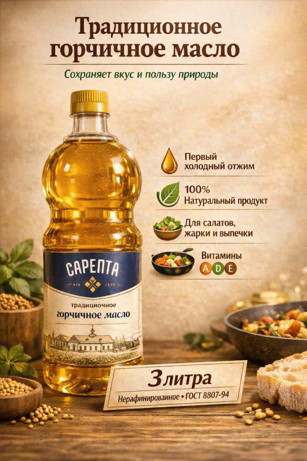 Горчичное масло Сарепта, нерафинированное , коричневое, холодного отжима, натуральное, 3000мл (3 штуки по 1000 мл).