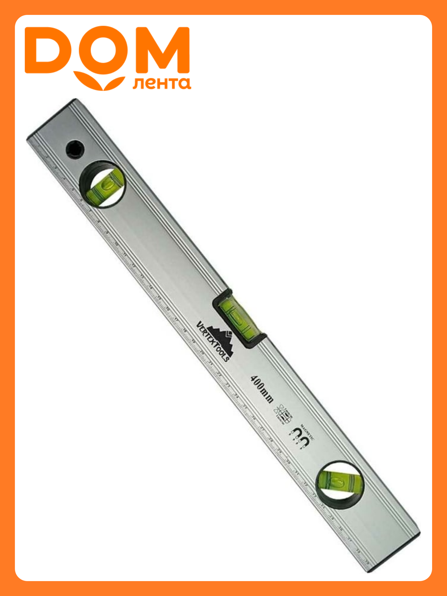 Алюминиевый уровень VertexTools 3033-400, длина 400 мм, коробчатый, магнитный, цвет серебристый, количество глазков 3
