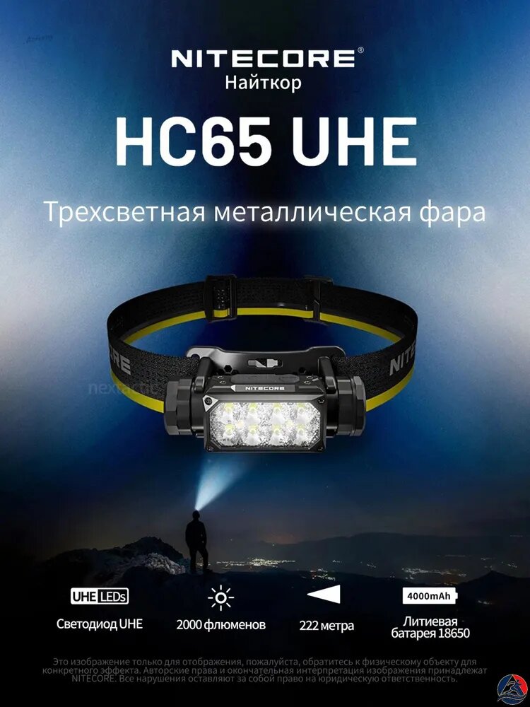 Фонарь ручной NITECORE HC65 UHE, 2000 люмен, 222 метра, IP68, Черный матовый