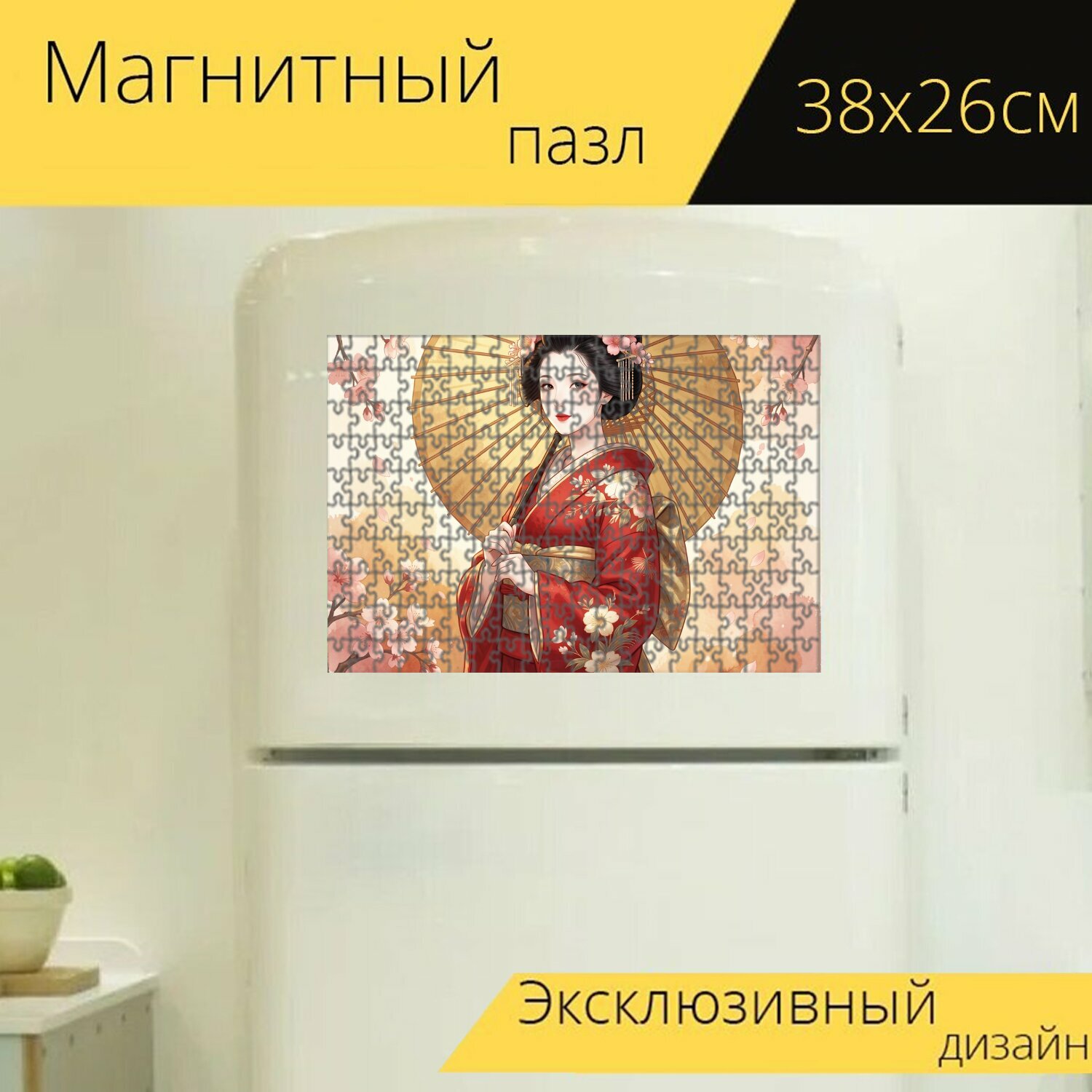 Магнитный пазл "Японская девушка с зонтом. Изящная восточная красавица в алом кимоно с цветочным орнаментом, с традиционным бумажным зонтиком. Нежная." для интерьера, 38х26 см.