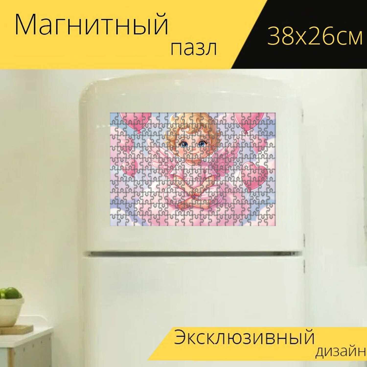 Магнитный пазл "Ангелочек на облаке с сердцами. Милый сказочный младенец с крыльями сидит среди воздушных пушистых облаков и розовых воздушных шаров в форме." для интерьера, 38х26 см.