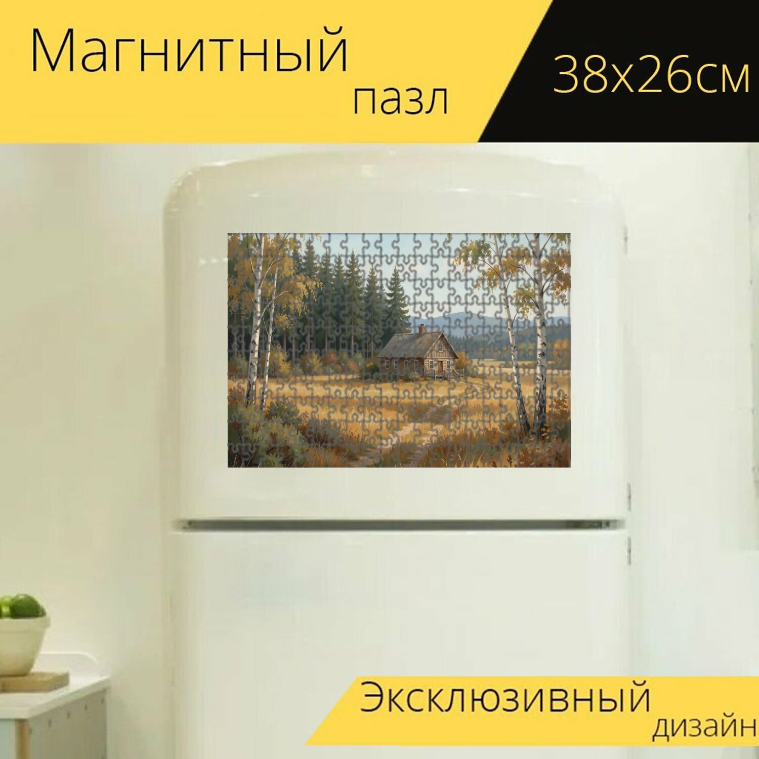 Магнитный пазл "Лесной домик в осеннем поле. Уютная сельская сцена с деревянной избой, тропинкой среди золотистой травы, берёзами и хвойным лесом на фоне." для интерьера, 38х26 см.
