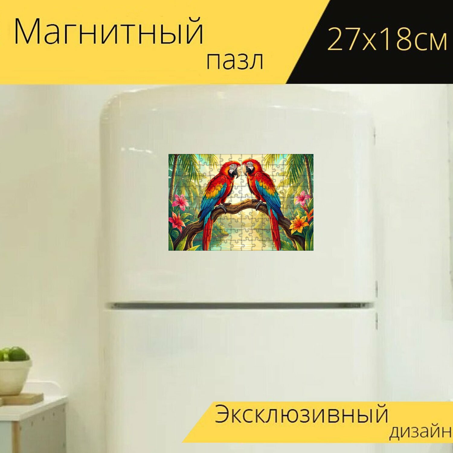 Магнитный пазл "Два попугая в тропиках. Яркая тропическая сцена с двумя красочными ара на ветке над спокойной водой, пальмы, экзотические цветы." на холодильник 27 x 18 см.