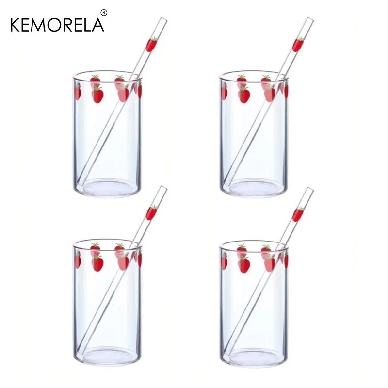 KEMORELA Стеклянный стакан 300 мл Клубничный дизайн Белый, 4PCS